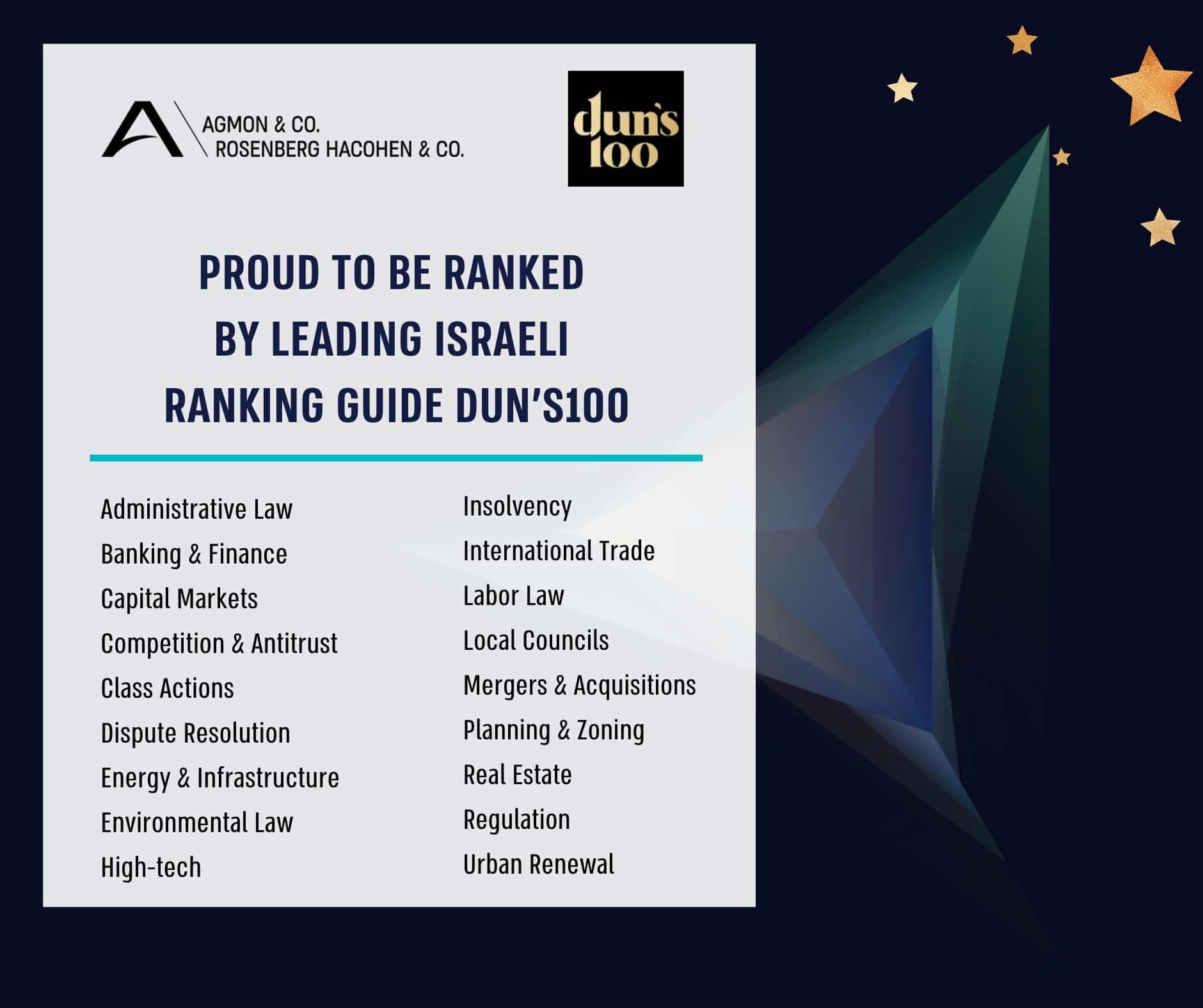 Proud to be ranked by Israeli ranking guide Duns100 - Agmon and Tulchinsky